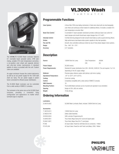 VL3000 Wash Luminaire Spec Sheet - Vari-Lite