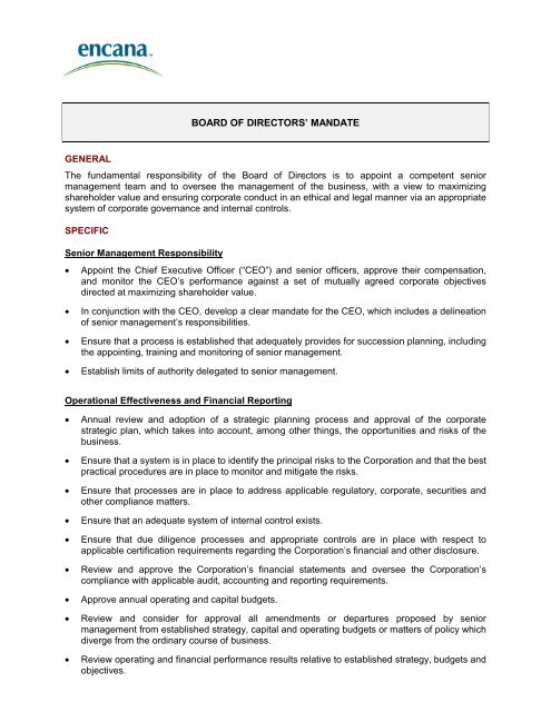 Board of Directors' Mandate - Encana