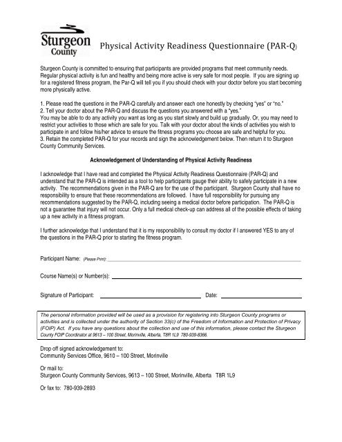 Physical Activity Readiness Questionnaire (PAR‐Q) - Sturgeon County