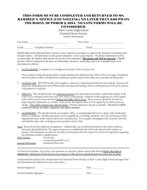 Application - Palos Verdes High School