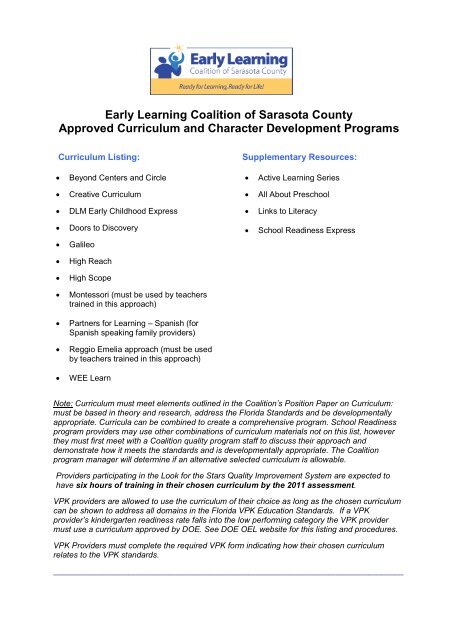 ELC Approved Curriculum List - Early Learning Coalition of ...
