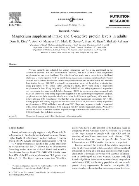 Magnesium supplement intake and C-reactive ... - ResearchGate