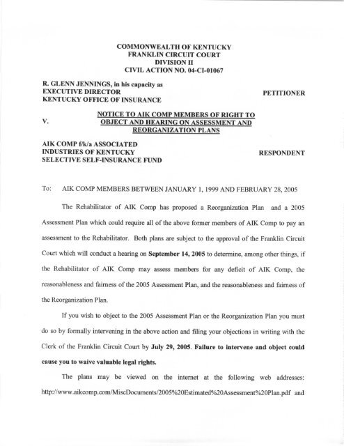 2005-07-15 Court Notice of Right to Object & Hearing ... - AIK COMP