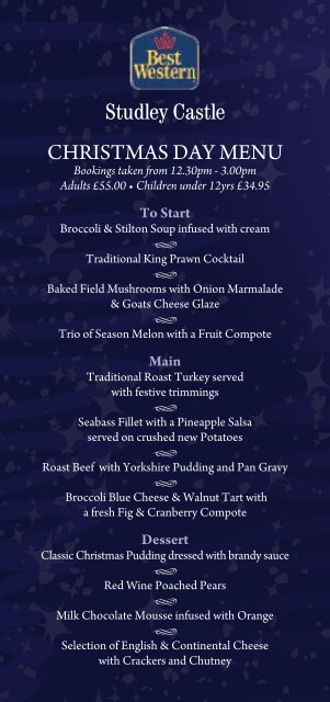 Studley Castle CHRISTMAS DAY MENU