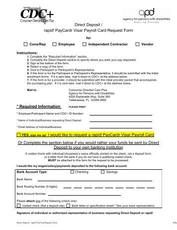 Authorization for Direct Deposit of Pay Electronic Pay Payroll Card