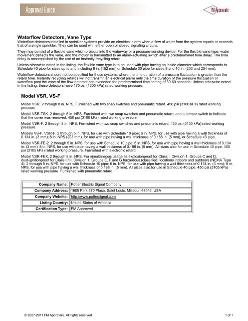 Waterflow Detectors, Vane Type Model VSR, VS-F - Viking Sprinkler