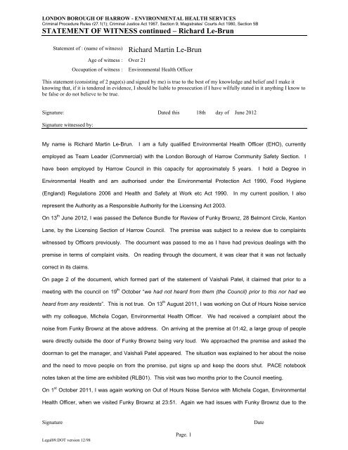 Funky Brownz Witness Statement RLB redacted - Harrow Council