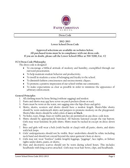 Lower School Dress Code 2012-2013 - Faith Christian School