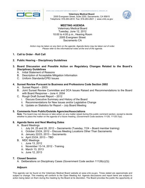 MEETING AGENDA Veterinary Medical Board Tuesday, June 12, 2012