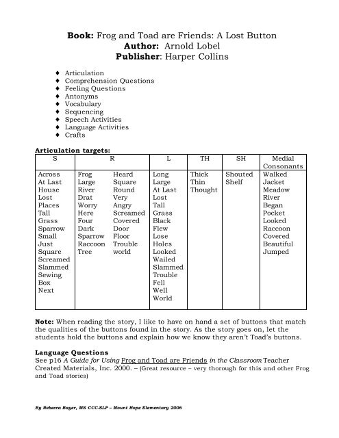 Frog and Toad are Friends: A Lost Button Author - Speaking of Speech