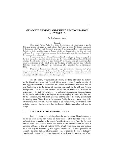 Genocide, Memory and Ethnic Reconciliation in Rwanda