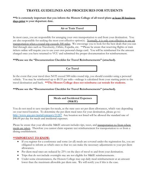 travel guidelines and procedures for students - VCU Honors College