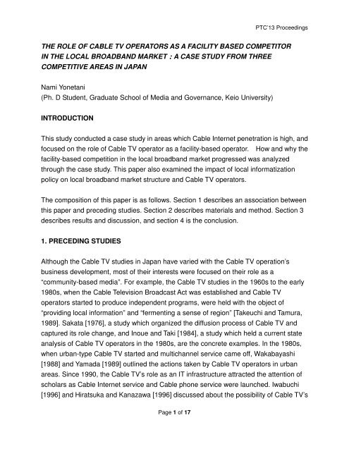 the role of cable tv operators as a facility based competitor in the ...
