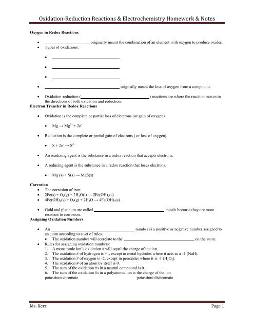 Oxidation-Reduction Reactions & Electrochemistry Homework & Notes