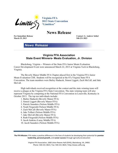 Meats Evaluation, Junior - Virginia FFA Association