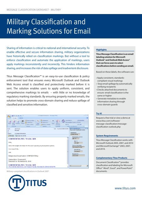 MESSAGE CLASSIFICATION DATASHEET - MILITARY Military