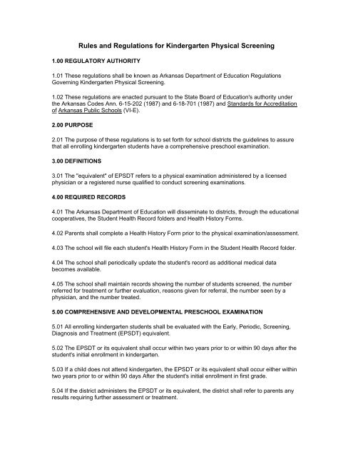 Rules and Regulations for Kindergarten Physical Screening
