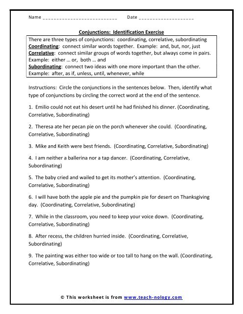 Conjunctions: Identification Exercise - Teach-nology