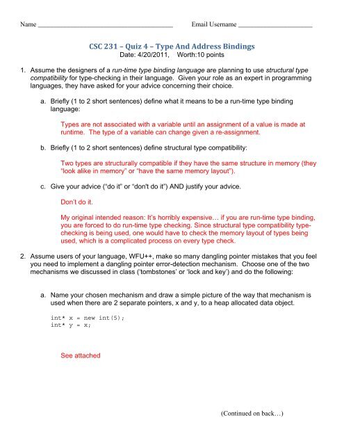 CSC 231 – Quiz 4 – Type And Address Bindings