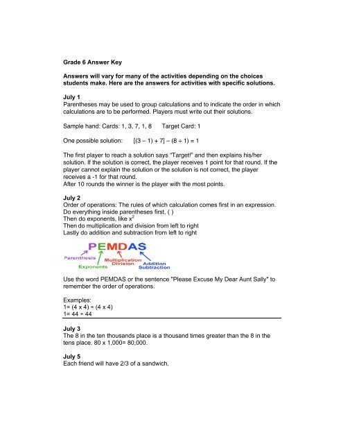 Grade 6 Answer Key Answers will vary for many of the activities ...