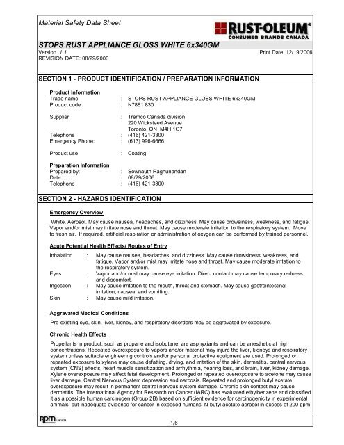 Rust Oleum Enamel Primer Msds