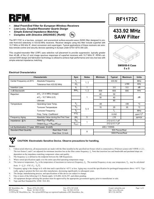 433.92 MHz SAW Filter RF1172C - RF Monolithics, Inc.