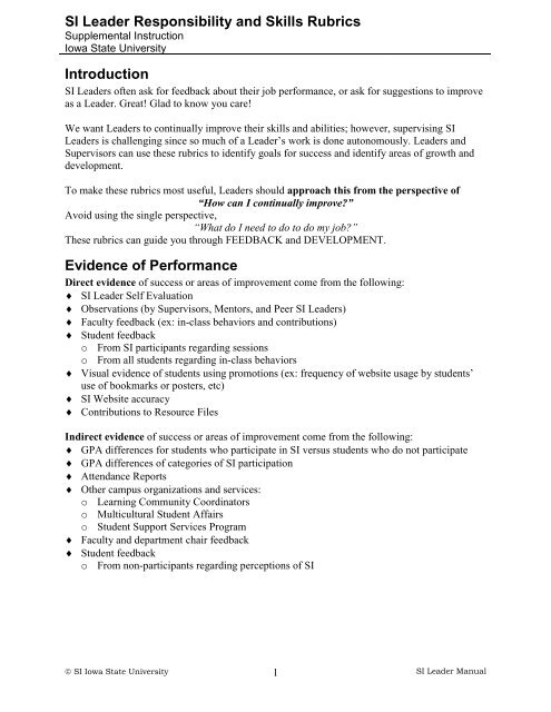 SI Leader Responsibility and Skills Rubrics - Iowa State University