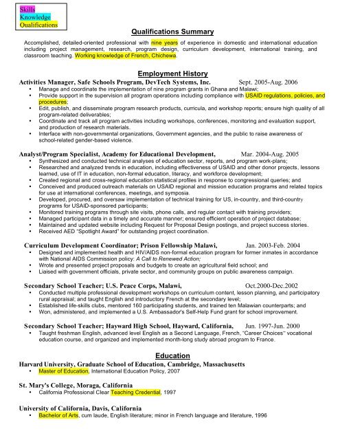 Qualifications Summary Employment History Education - Harvard ...
