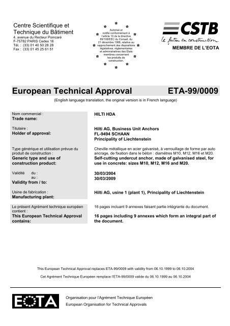 European Technical Approval ETA-99/0009