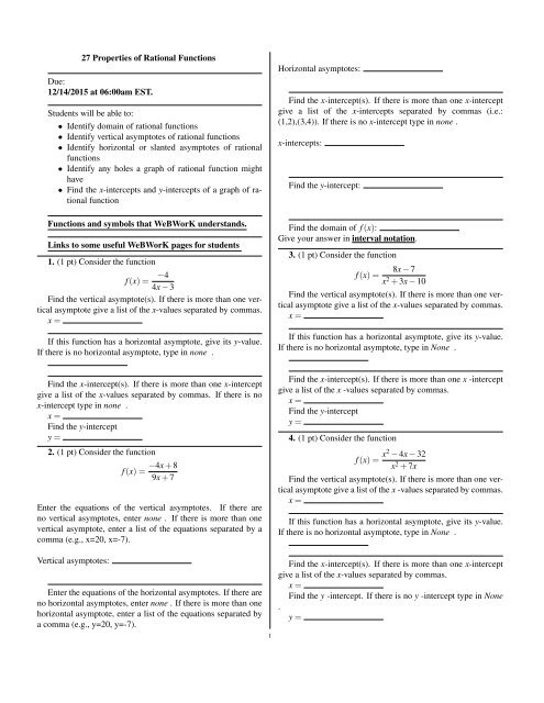 27 Properties of Rational Functions Due - WeBWorK - Mathematical ... 27 Properties of Rational Functions Due - WeBWorK - Mathematical ...