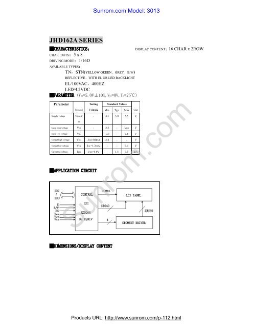 JHD162A 16x2 LCD Sunrom Model 3013