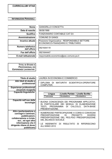 Curriculum Vitae Dott.ssa Giangrillo Concetta - Comune di Gangi