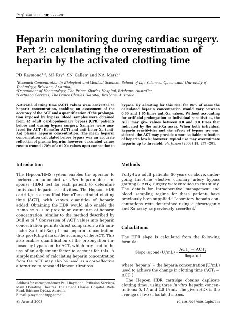 Heparin monitoring during cardiac surgery. Part 2 ... - UNMC