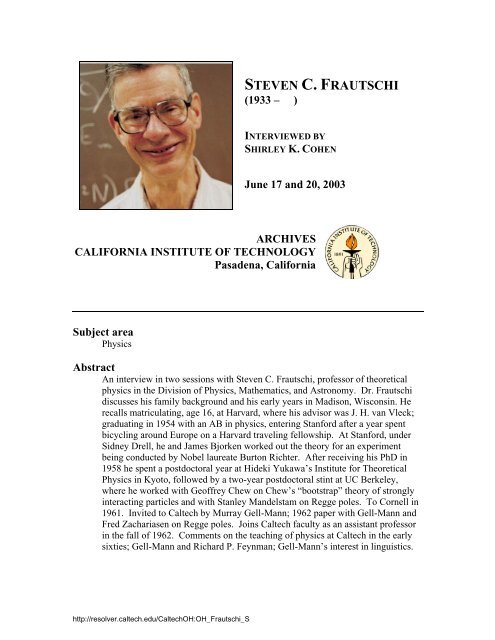 Interview with Steven Frautschi - Caltech Oral Histories