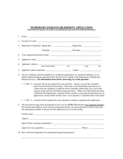 temporary food establishment application - Lenoir County