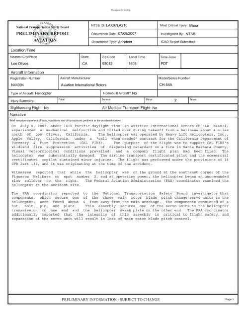 PRELIMINARY REPORT AVIATION - Wildland Fire