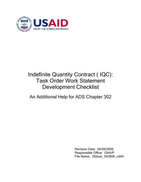 ADS 302sac, Indefinite Quantity Contract (IQC): Task Order ... - usaid