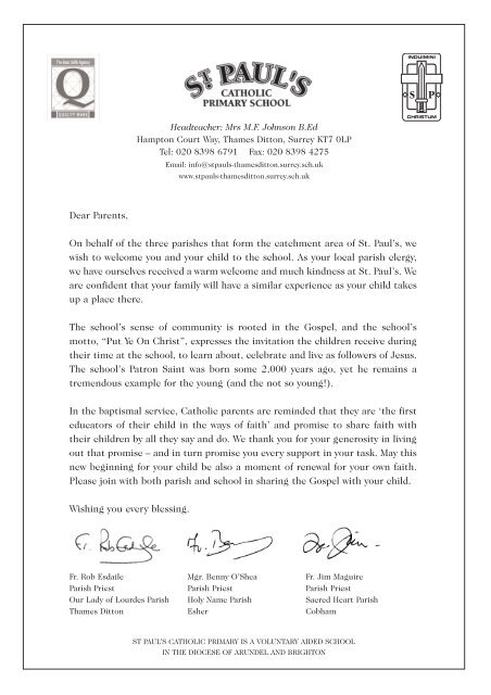 school letter - St Paul's Catholic Primary School