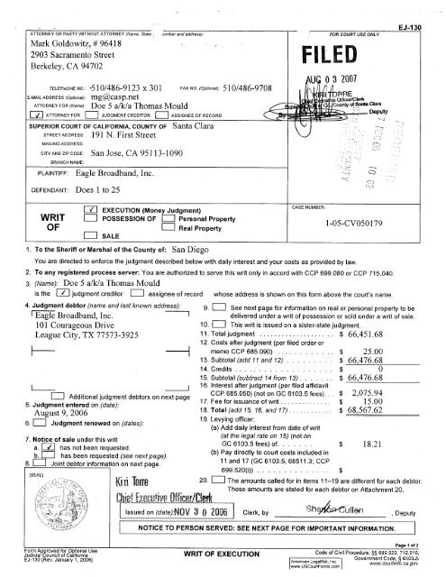 WRIT OF EXECUTION (Money Judgment) - Eagle Broadband v. Does WRIT OF EXECUTION (Money Judgment) - Eagle Broadband v. Does