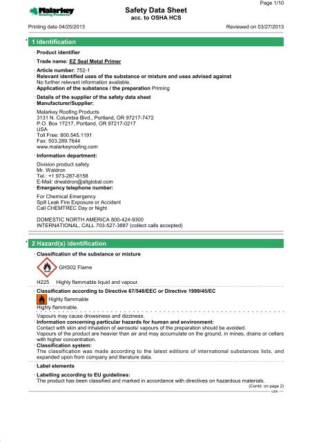 752-1 EZ-Seal Metal Primer MSDS - Malarkey Roofing Products
