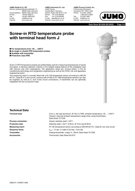 Screw-in RTD temperature probe with terminal head form J - Jumo