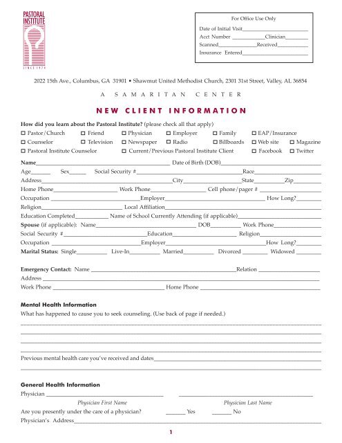 New client form 2012:counseling intake package ... - Pastoral Institute