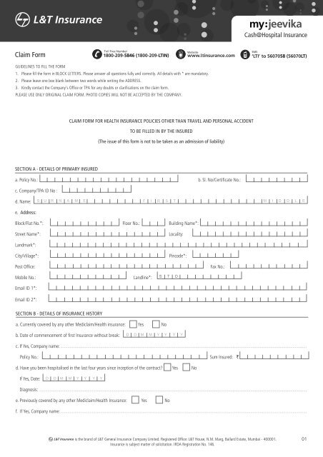 my jeevika Cash@hospital Insurance Claim Form ... - L&T Insurance