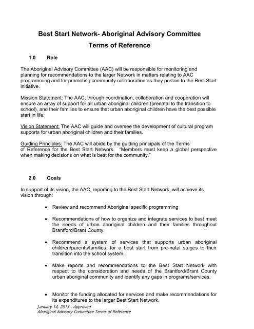 Aboriginal Advisory Committee Terms of Reference - Best Start ...
