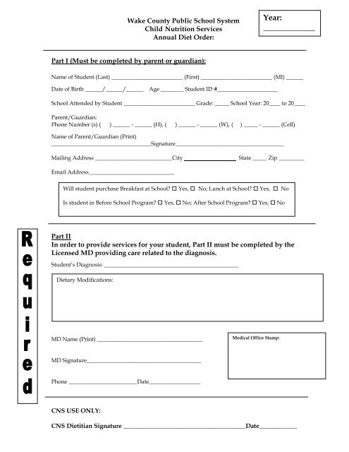 Diet Order forms - Wake County Public School System