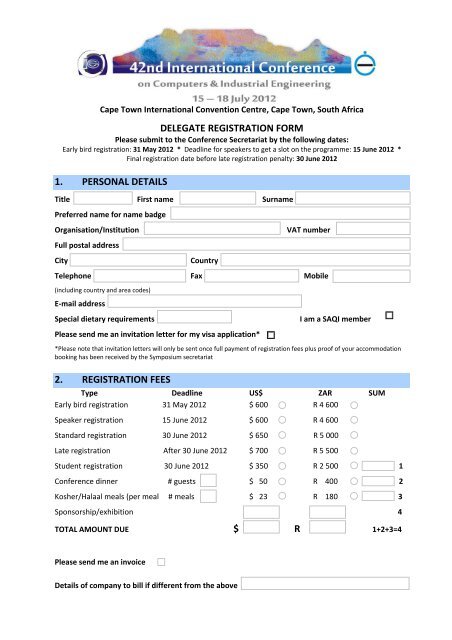 DELEGATE REGISTRATION FORM 1. PERSONAL DETAILS ... - SAQI