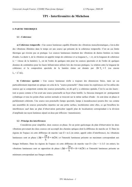 TP1 - InterfÃ©romÃ¨tre de Michelson