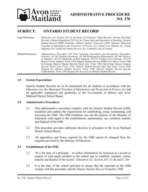 ontario student record - Avon Maitland District School Board