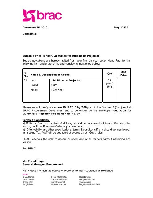 Price Tender / Quotation for Multimedia Projector Sealed ... - Brac