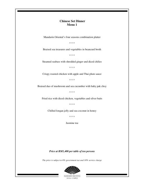 Chinese Set Dinner Menu 1